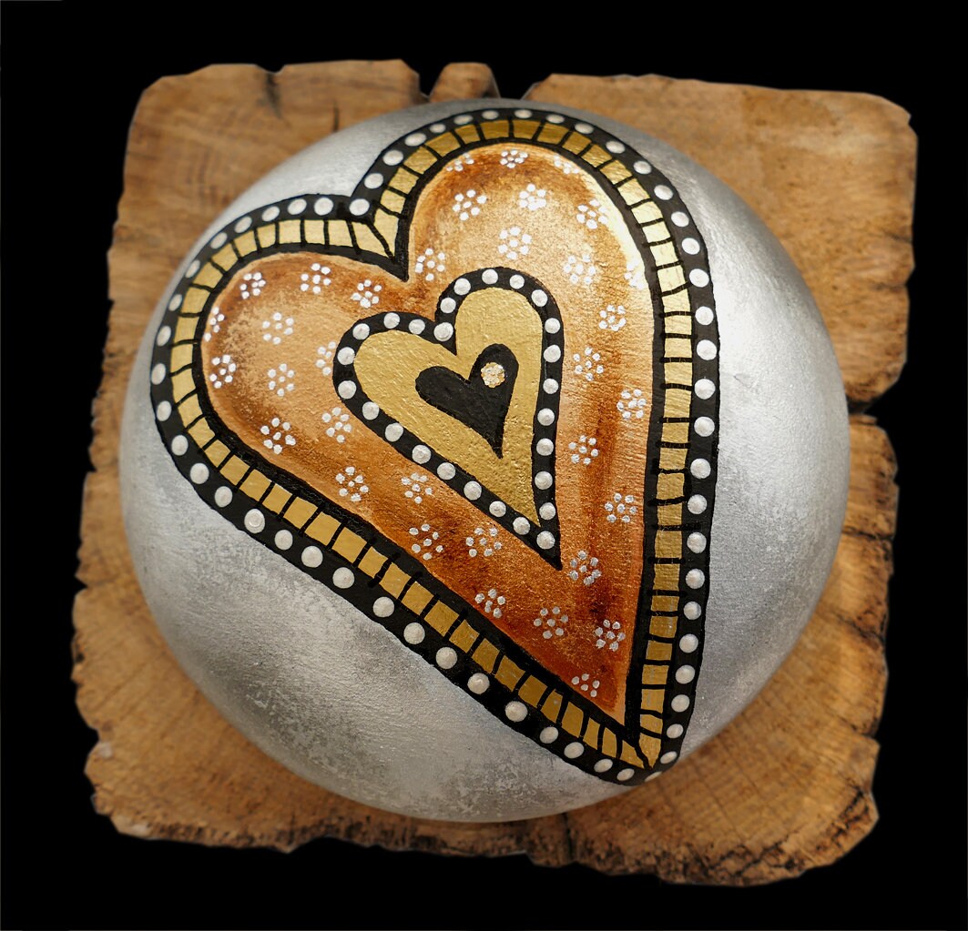 Hand Painted Heart Stone - Rock - Hand Made - Dot Paint - Metallic ...