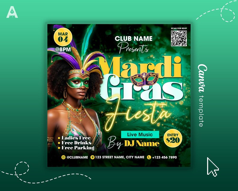 Mardi Gras Editable Party Flyer Template for Canva, DIY Event Flyer ...