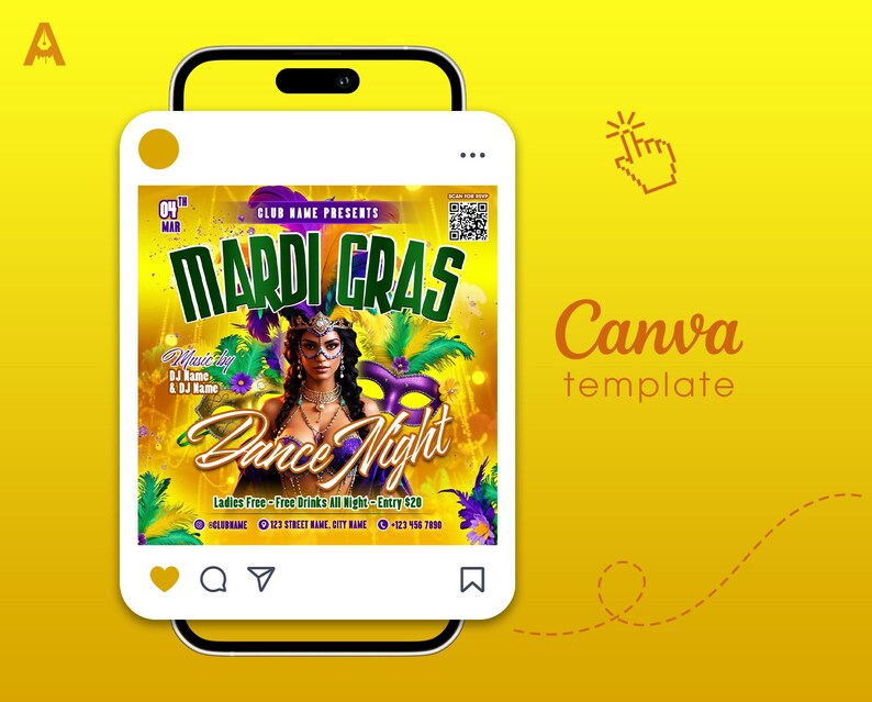Mardi Gras Editable Party Flyer Template for Canva, DIY Event Flyer ...