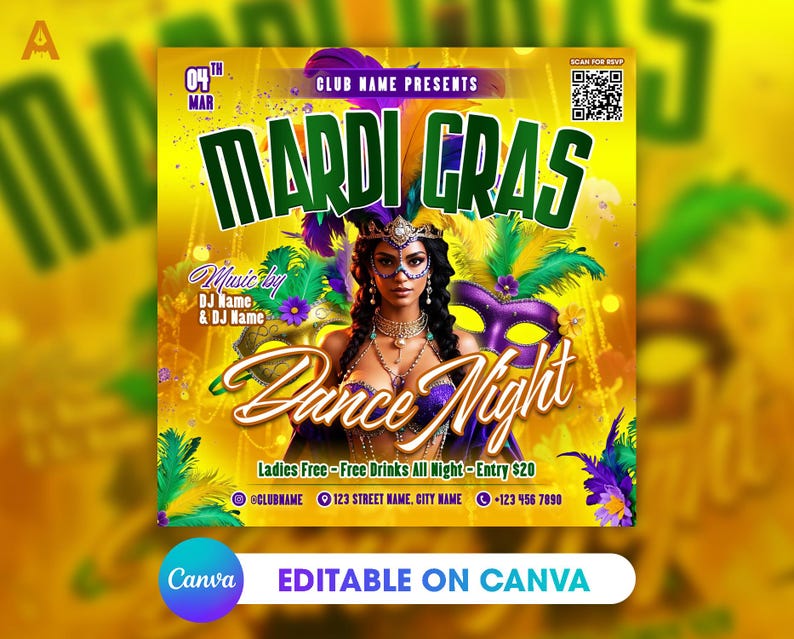 Mardi Gras Editable Party Flyer Template for Canva, DIY Event Flyer ...