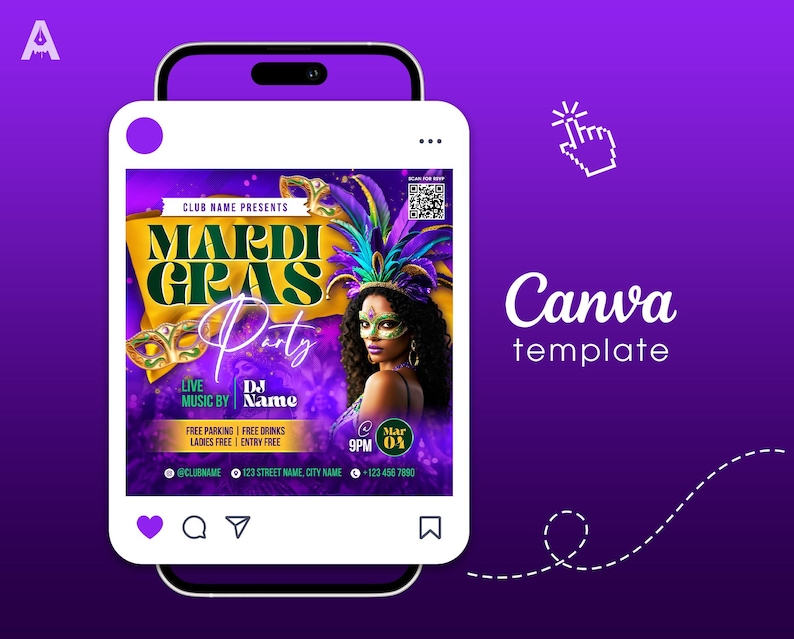 Mardi Gras Editable Party Flyer Template for Canva, DIY Event Flyer ...