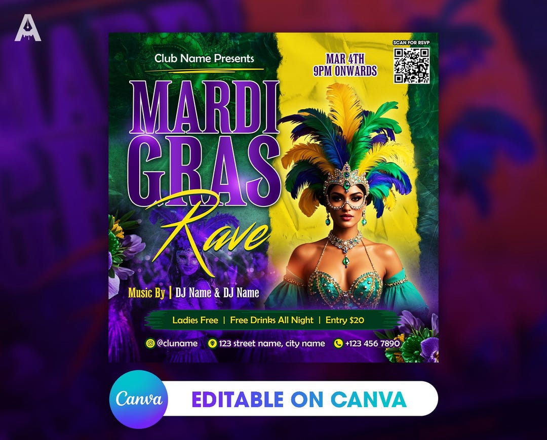 Mardi Gras Editable Party Flyer Template for Canva, DIY Event Flyer ...