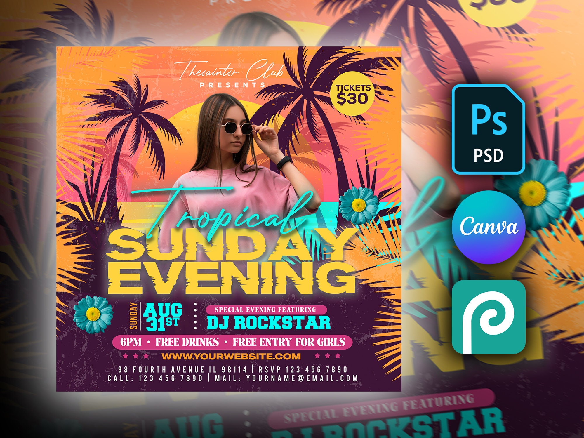 Summer Party Flyer DIY Editable Template for Photoshop, Canva ...
