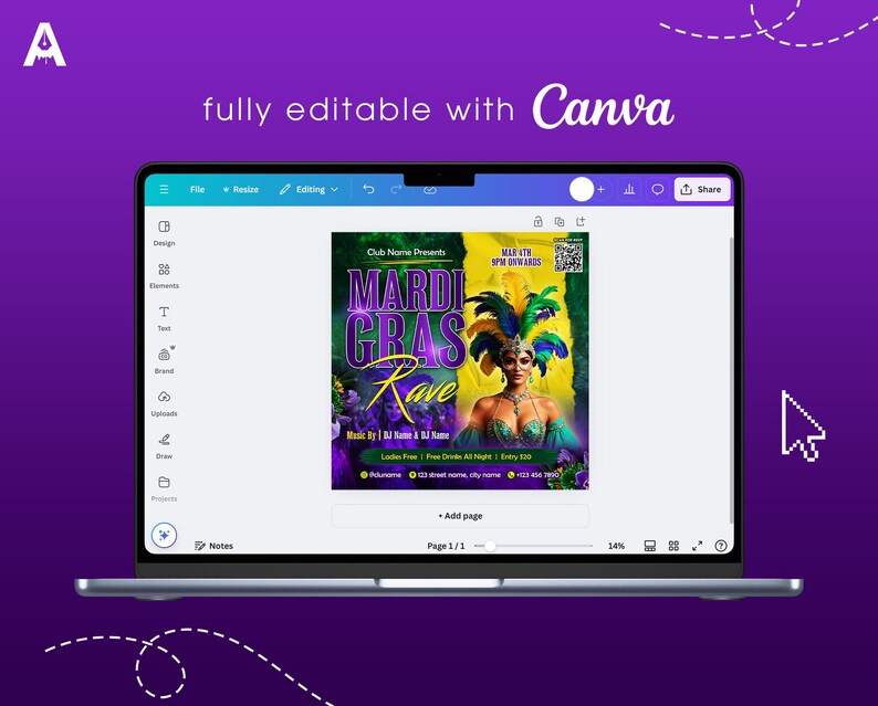 Mardi Gras Editable Party Flyer Template for Canva, DIY Event Flyer ...