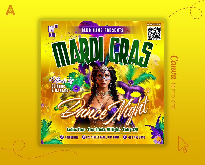 Mardi Gras Editable Party Flyer Template for Canva, DIY Event Flyer ...