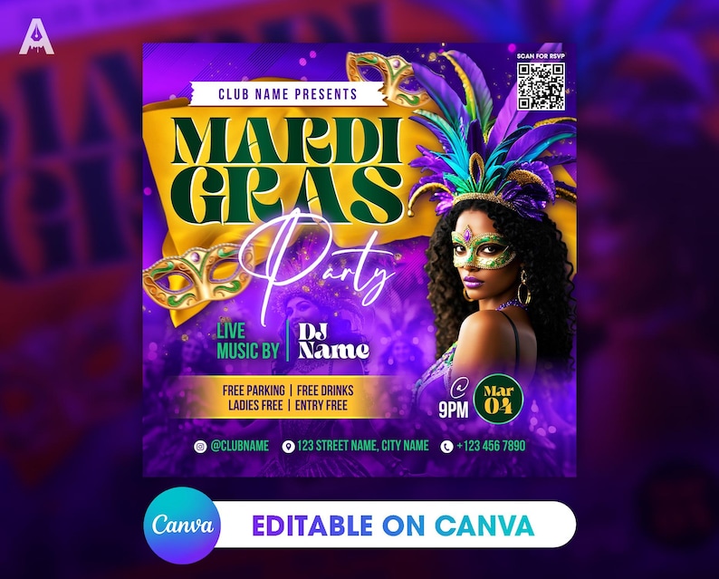 Mardi Gras Editable Party Flyer Template for Canva, DIY Event Flyer ...