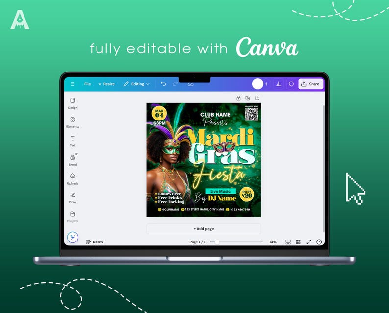 Mardi Gras Editable Party Flyer Template for Canva, DIY Event Flyer ...