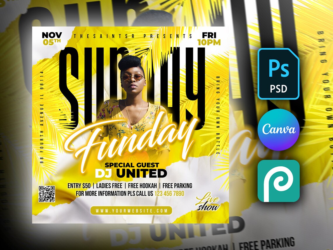 Summer Party Flyer DIY Editable Template for Photoshop, Canva & Photopea. Summer Beach Club ...