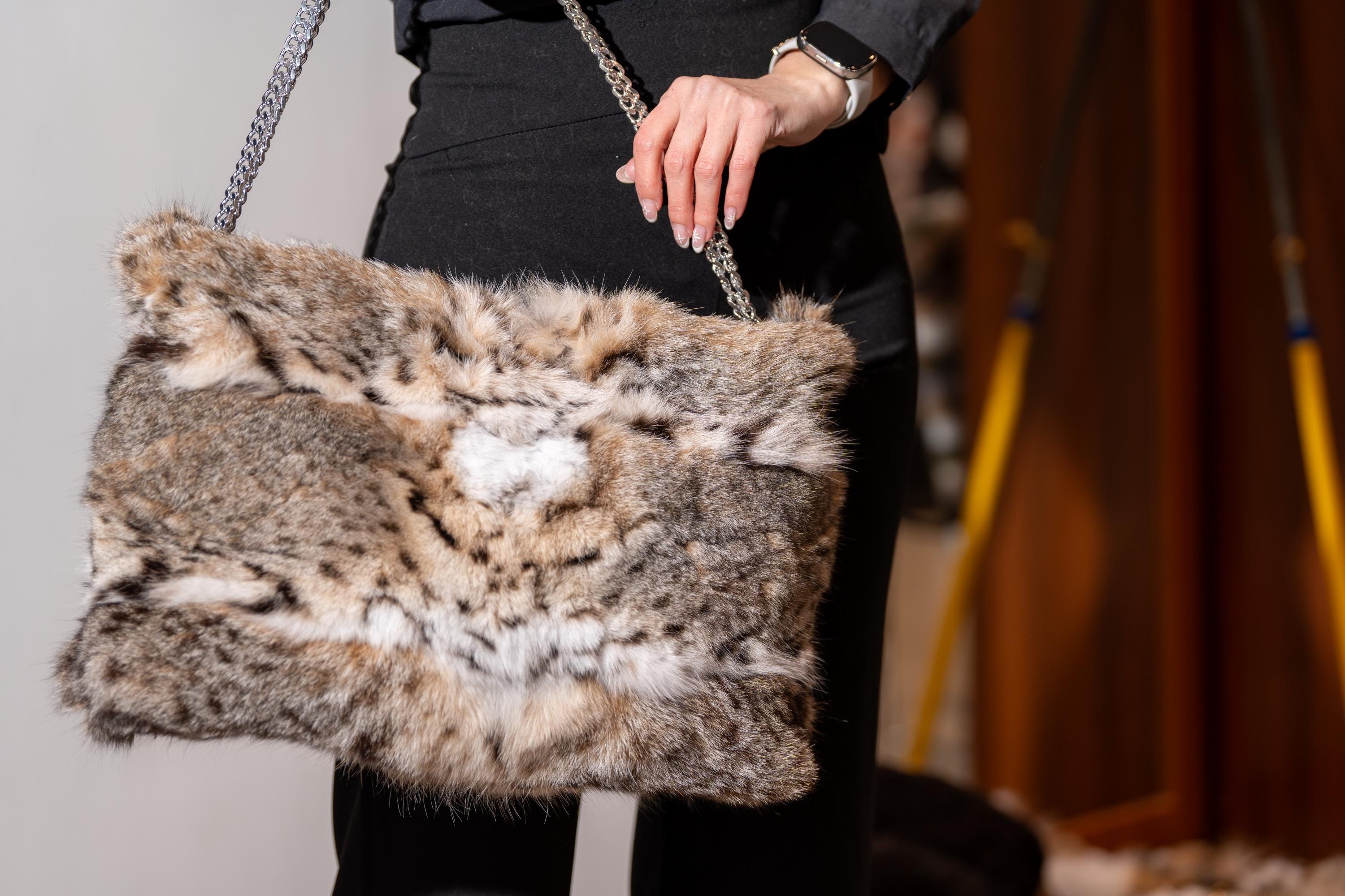 Luxury Genuine Lynx Fur Clutch Bag With Silver Chain Strap – Statement ...