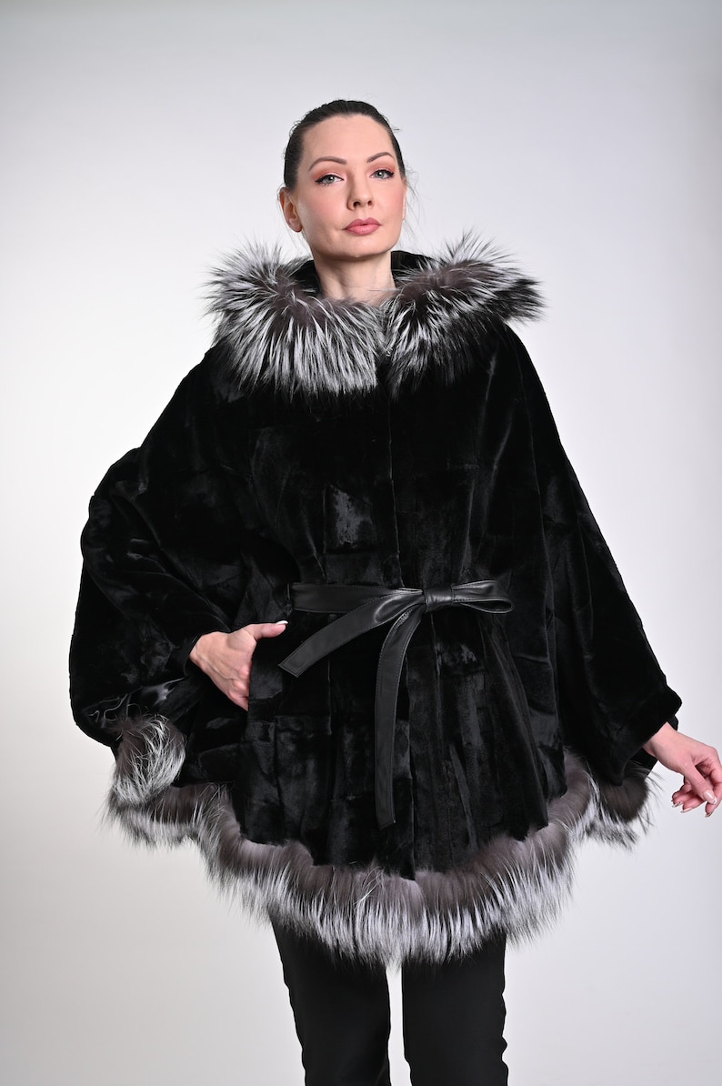 Hait Cut Black Mink Big Cape With Silver Blue Fox One Size - Etsy