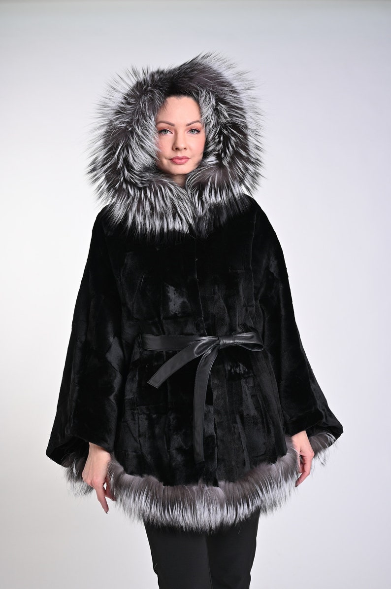 Hait Cut Black Mink Big Cape With Silver Blue Fox One Size - Etsy