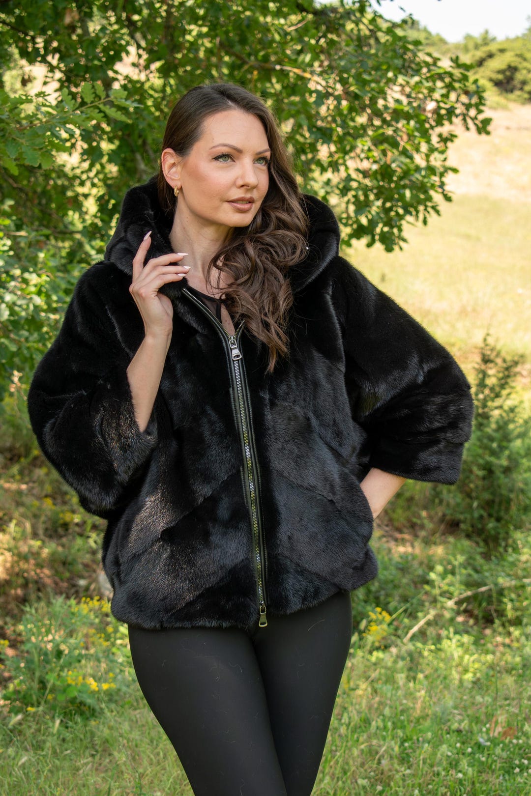 New Italian Cape Mink Black With Zipper and Hood – Luxury Real Fur ...