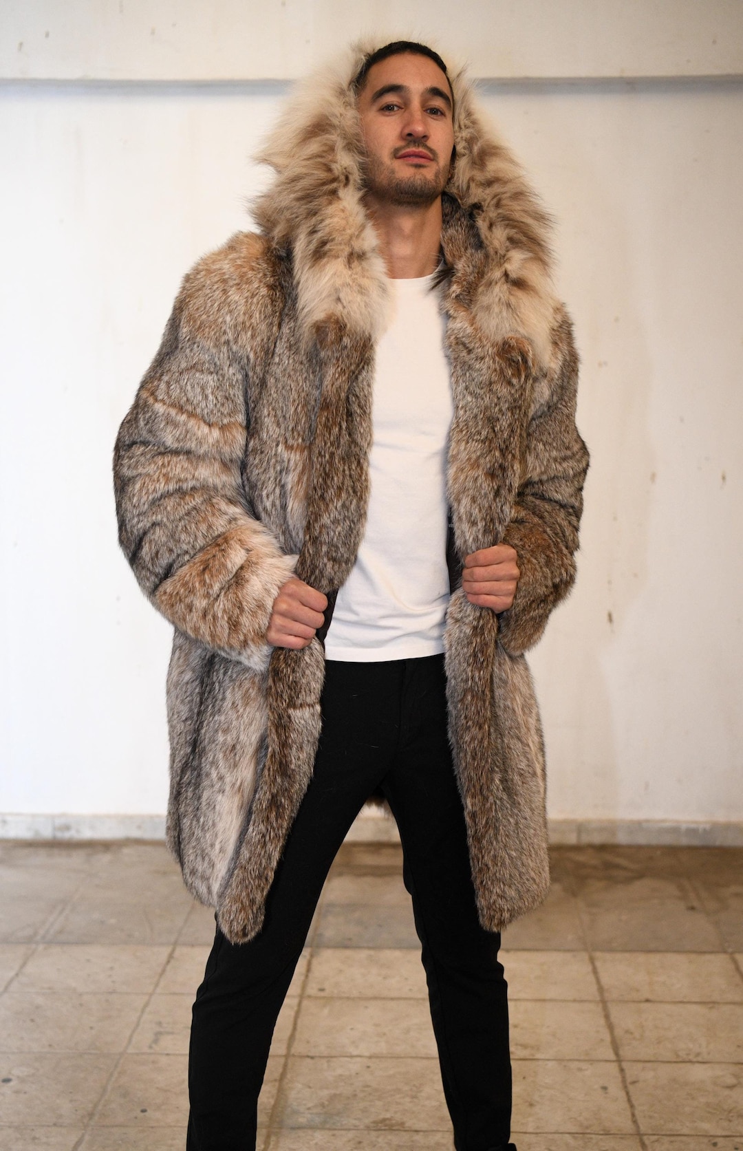 Lynx Fur Men Semi Coat With Hood - Silk Lining & Tailored Fit - Etsy
