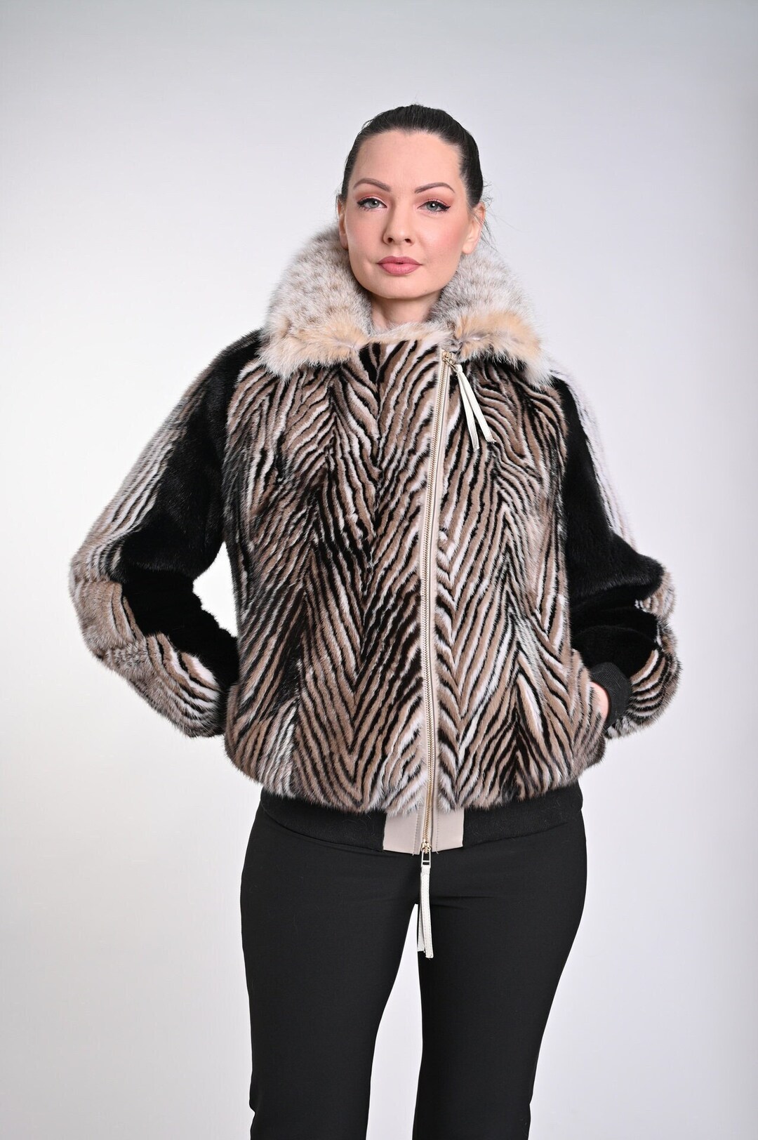 Triple Color Lynx Fur Jacket With English Collar - Etsy