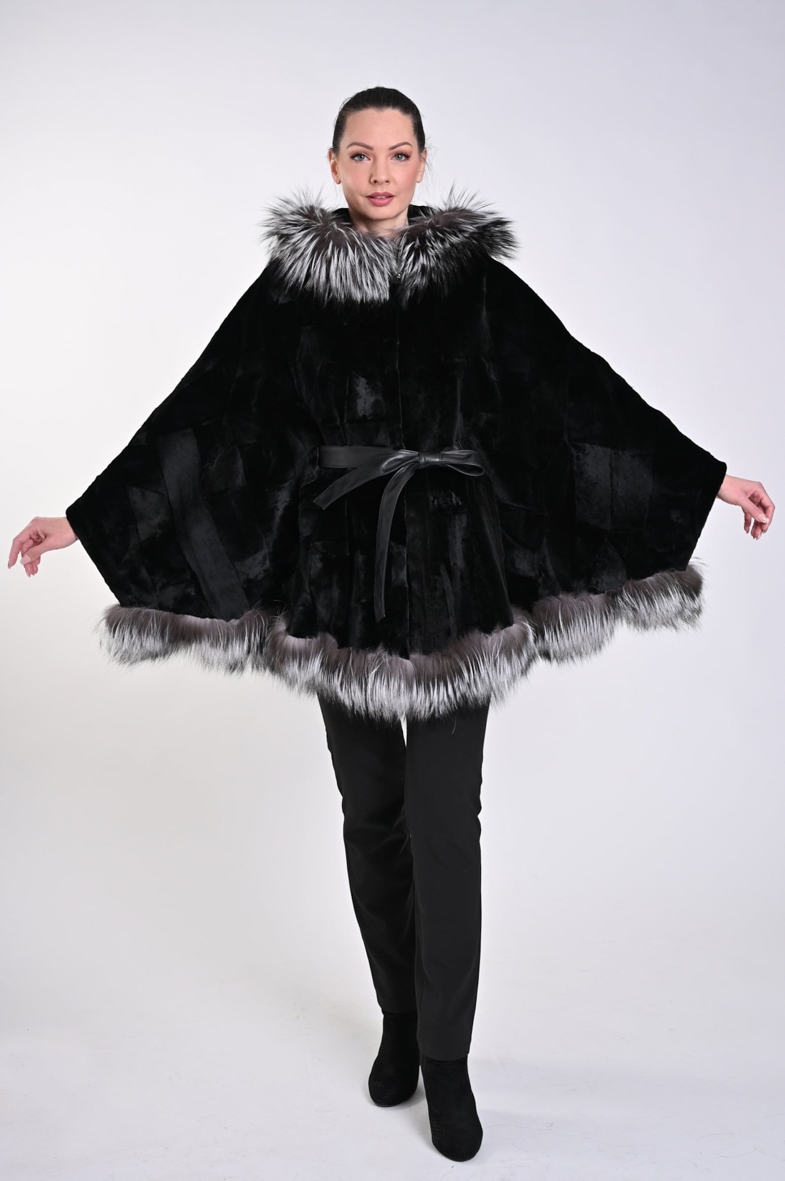 Hait Cut Black Mink Big Cape With Silver Blue Fox One Size - Etsy