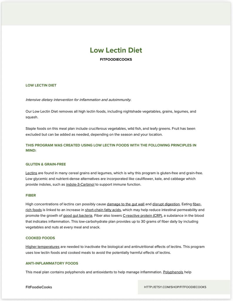 Low Lectin Diet Meal Plan PDF | 7-day Anti-inflammatory Plan | Gluten ...