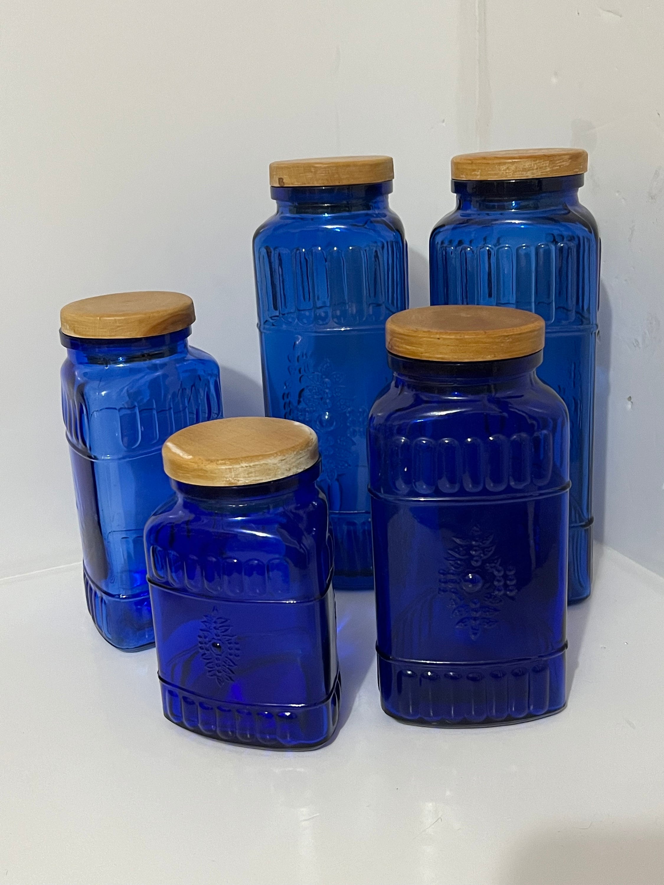 Cobalt Blue Glass Kitchen Canister Set With Wood Lids - Etsy