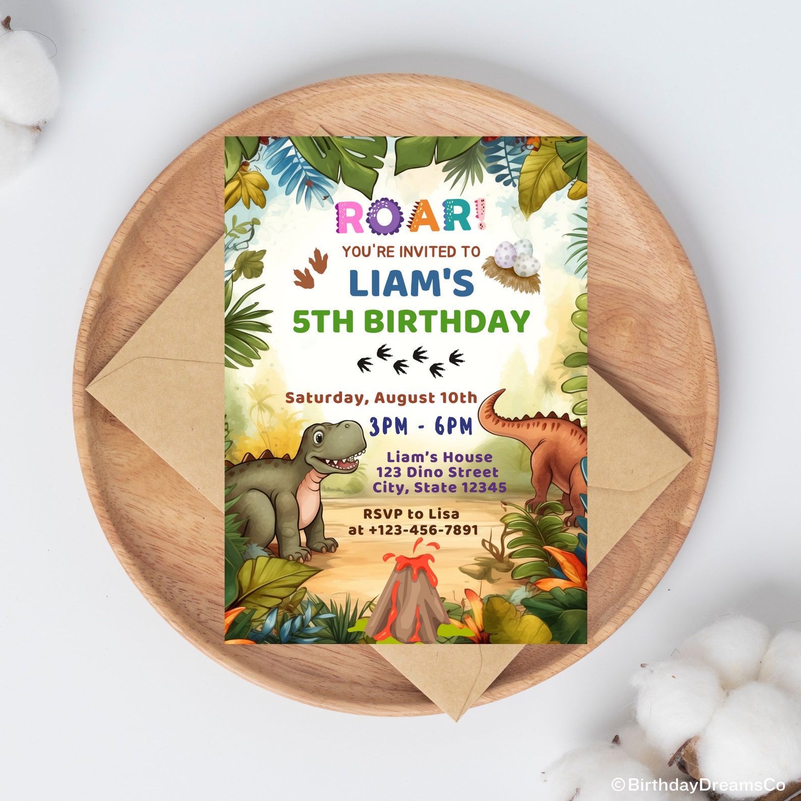 Editable Dinosaur Birthday Party Invitation Boys Dino Roar Birthday ...