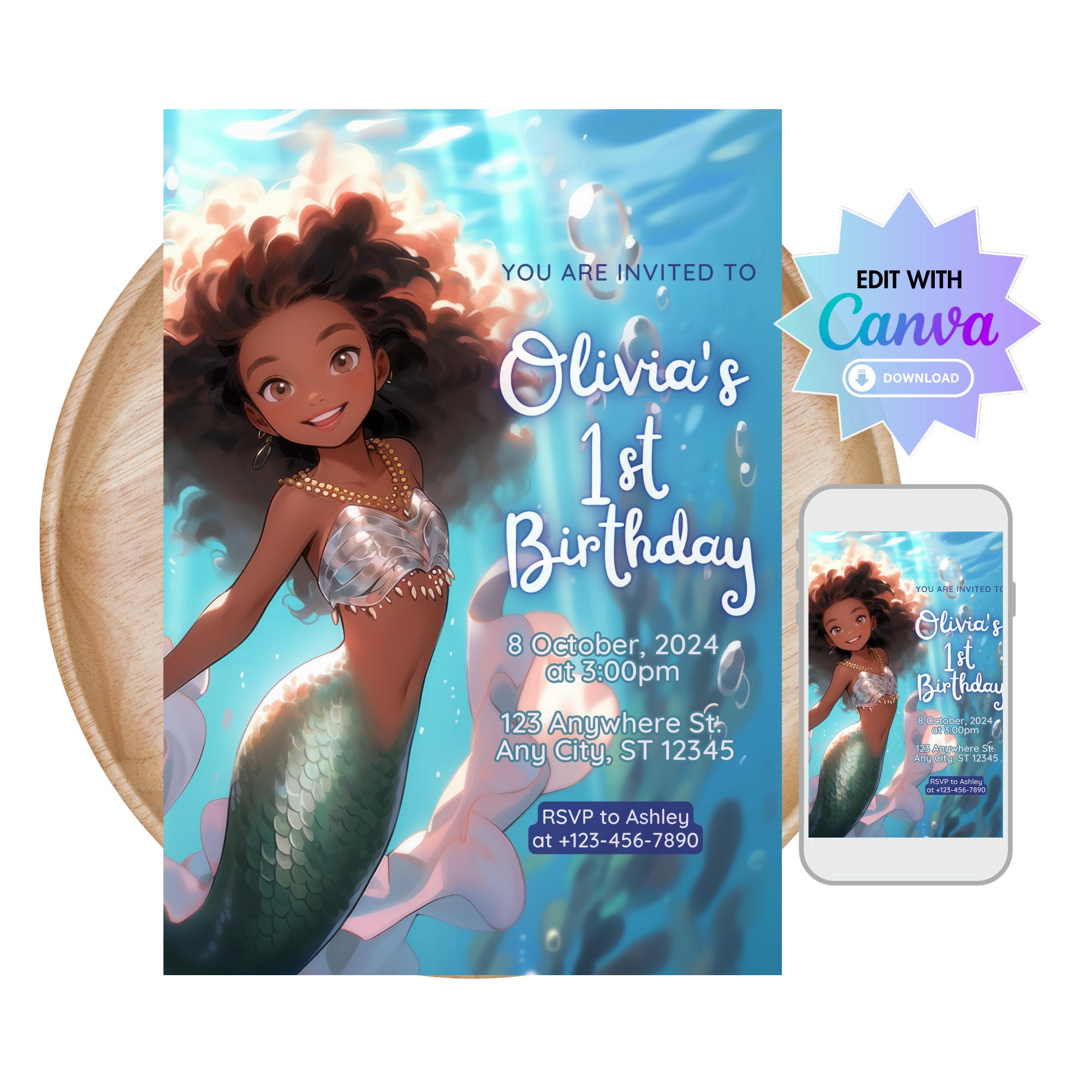 Editable Mermaid Invitation, Canva Template, E-invite Phone Invitation ...