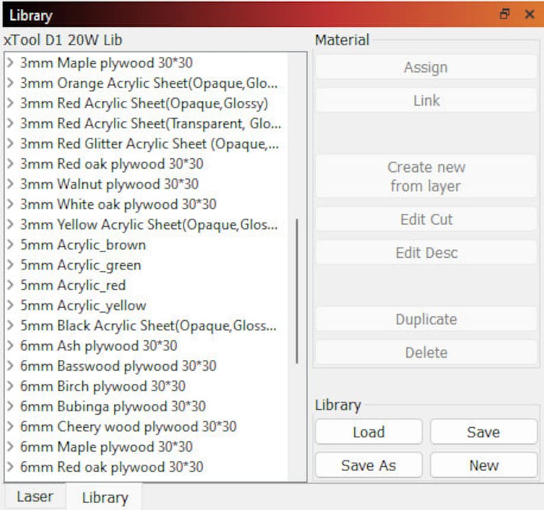 Xtool D1 & D1 Pro 20W Lightburn Material Library (digital Download) - Etsy