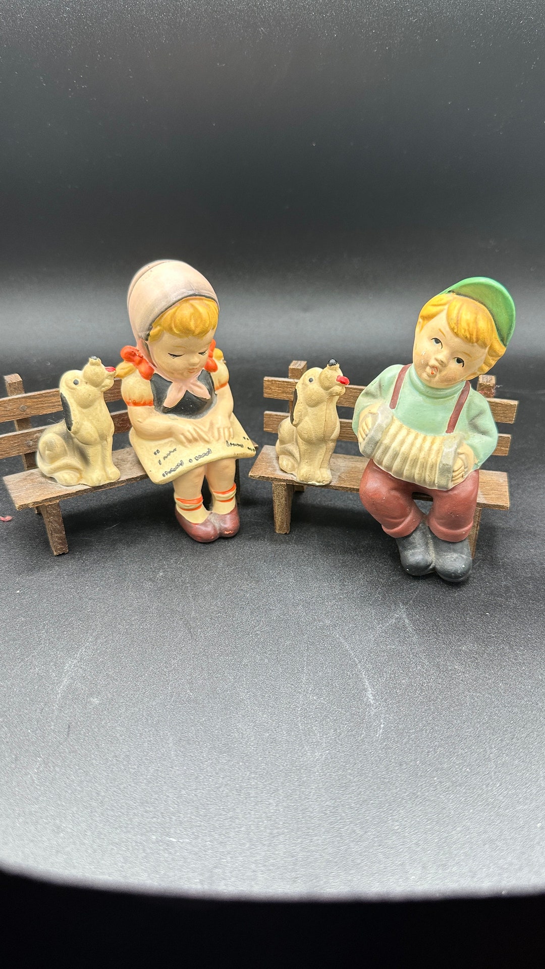 Vintage Marked Boy/dog With Accordion and Girl/dog With Book - Etsy