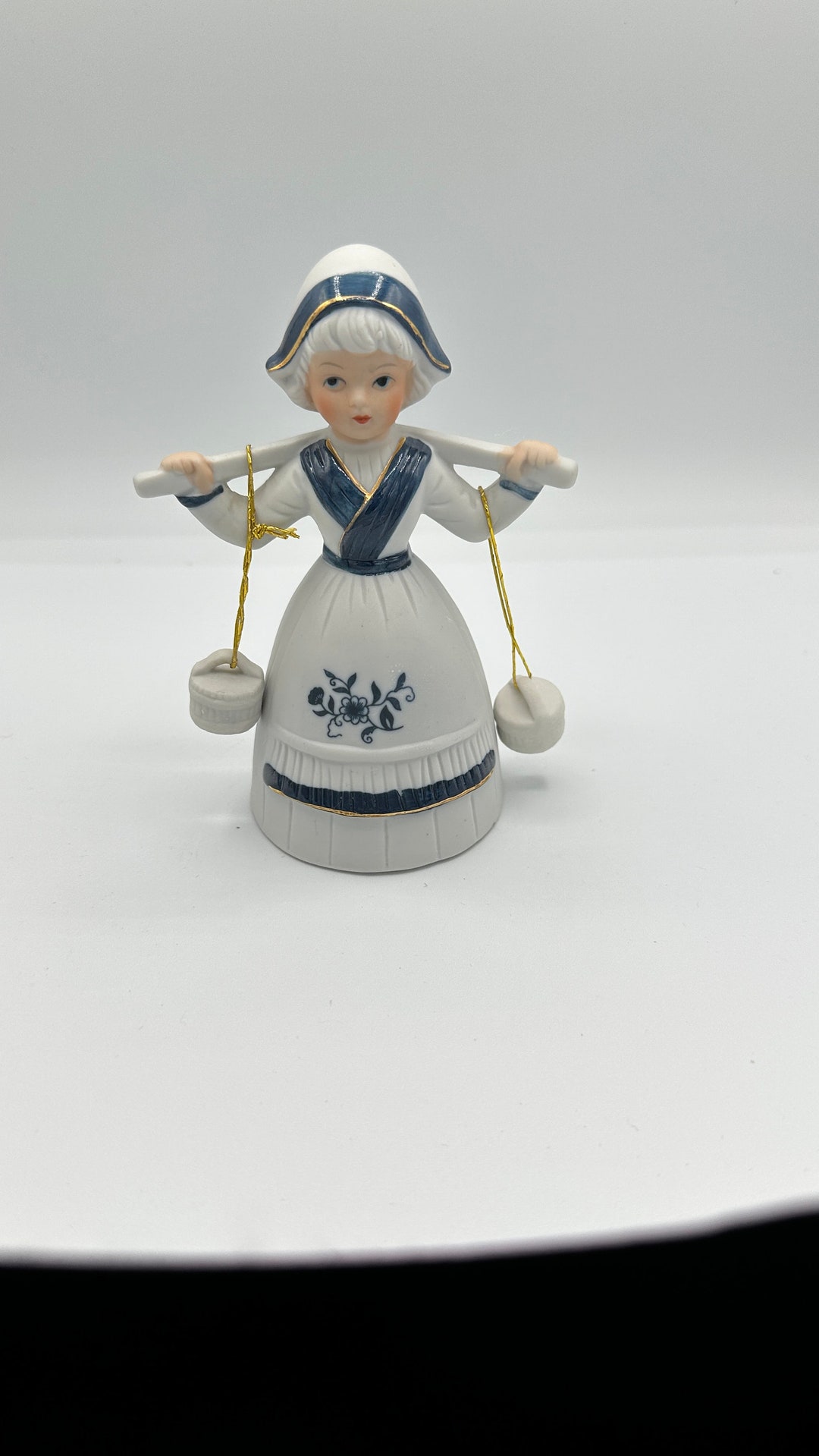 Vintage Blue/white Dutch Girl Bell Figurine Carrying Water Buckets on ...