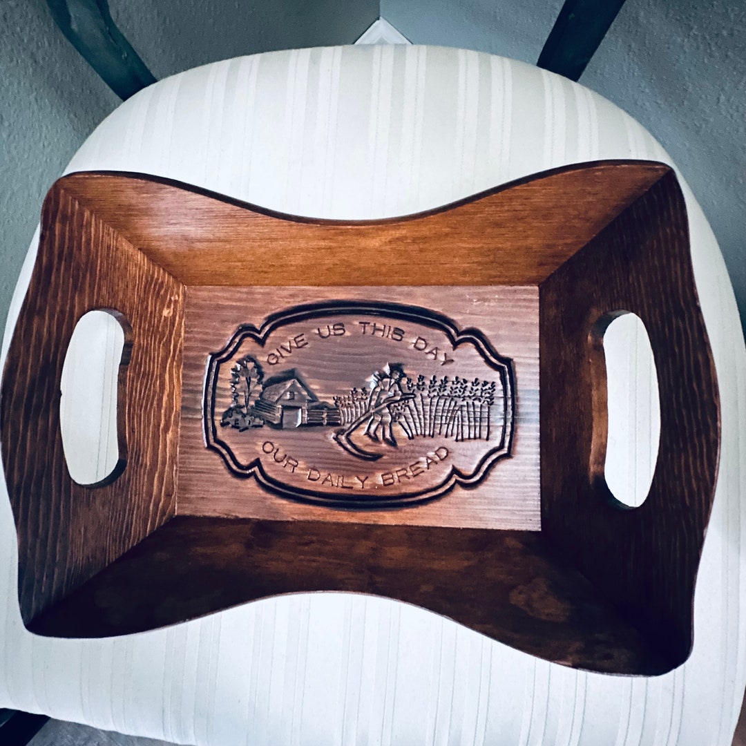 Vintage Wood Bread Serving Tray With Handles Country - Carved Religious ...