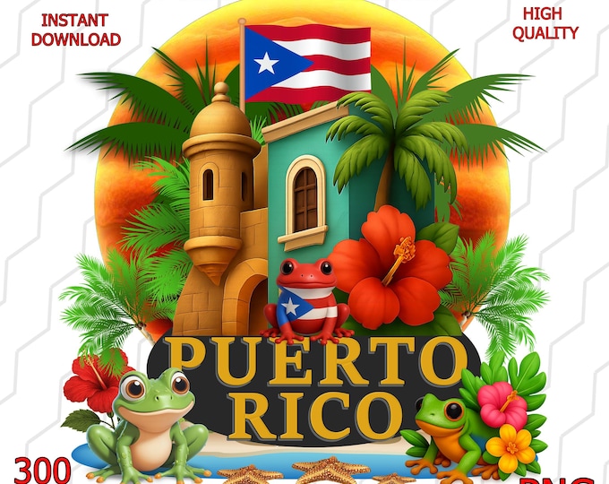 Puerto Rico Digital Art PNG – Coquí Frogs, Hibiscus, El Morro Fortress ...