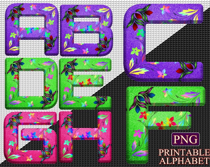 Glitter Floral Alphabet Clip Art Png Files, 3 Color Alphabet Pack, Pink ...