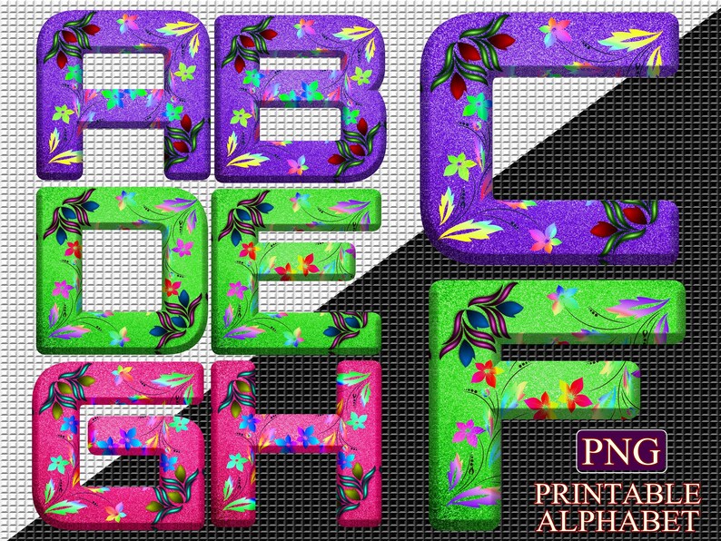 Glitter Floral Alphabet Clip Art Png Files, 3 Color Alphabet Pack, Pink ...