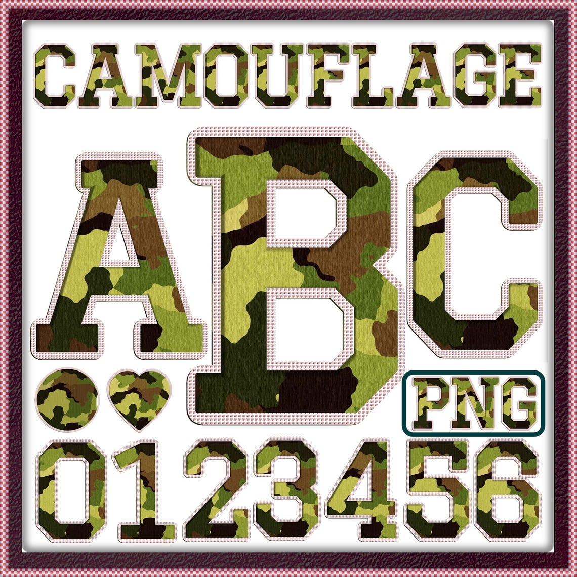 Camo Font PNG Bundle: Military Alphabet & Numbers Clipart (digital ...