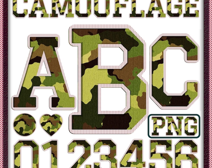 Camo Font PNG Bundle: Military Alphabet & Numbers Clipart (digital ...