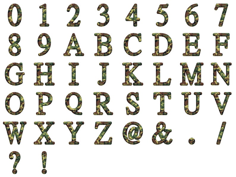 Camouflage Alphabet Clip Art,camo Numbers, Camouflage Font, Army ...