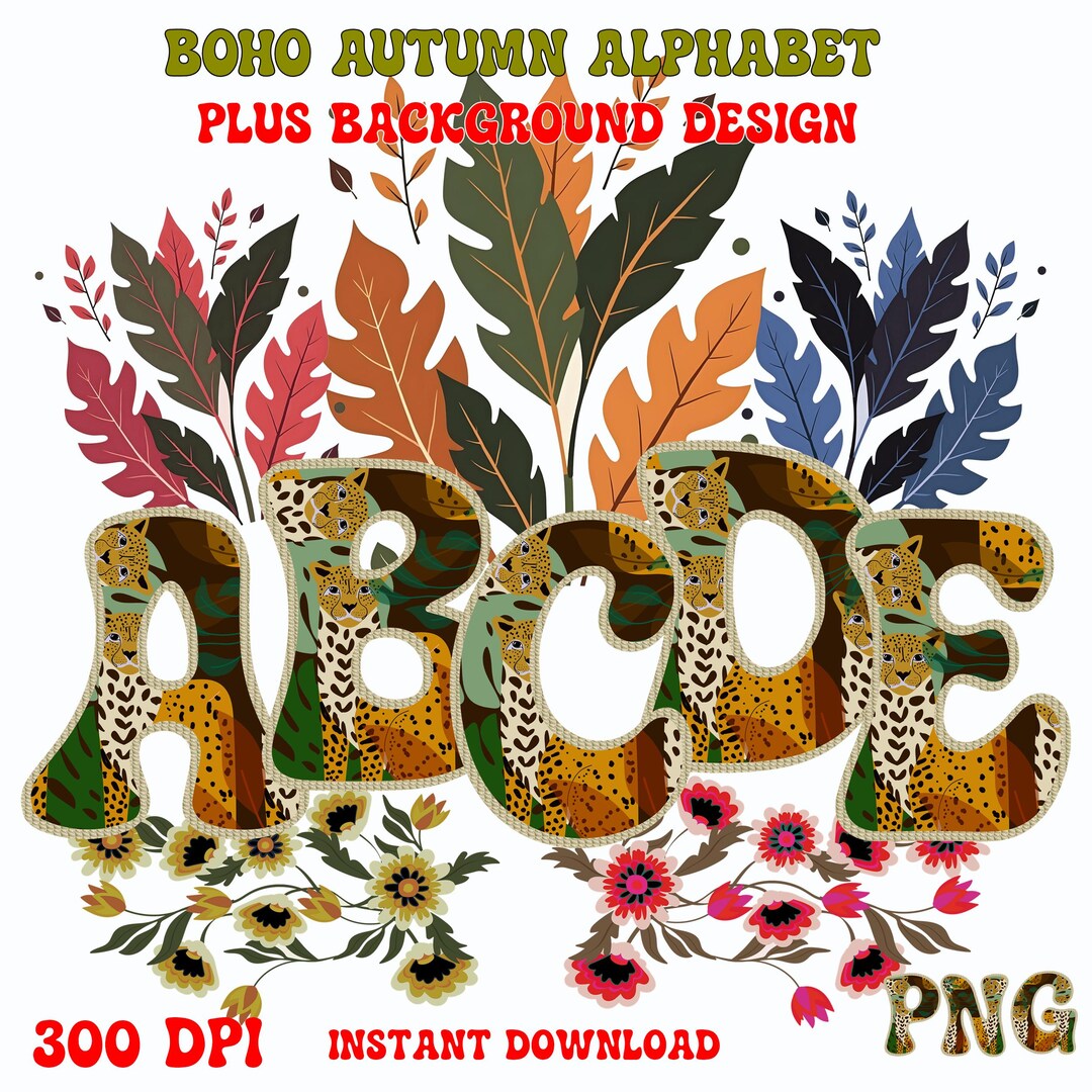 Boho Autumn Leopard Alphabet PNG Set: Fall Letters, Numbers ...