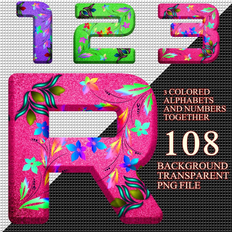 Glitter Floral Alphabet Clip Art Png Files, 3 Color Alphabet Pack, Pink ...