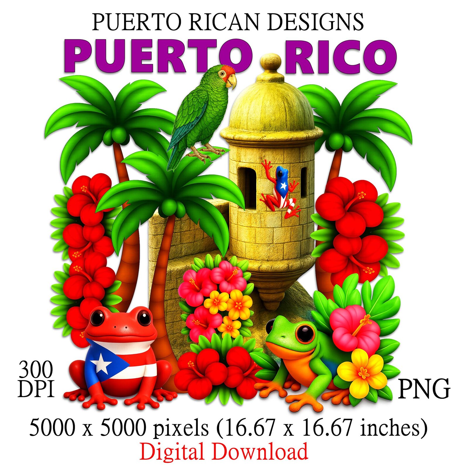 Puerto Rico Boricua PNG Bundle, Coquí Frog, El Morro Design (digital ...