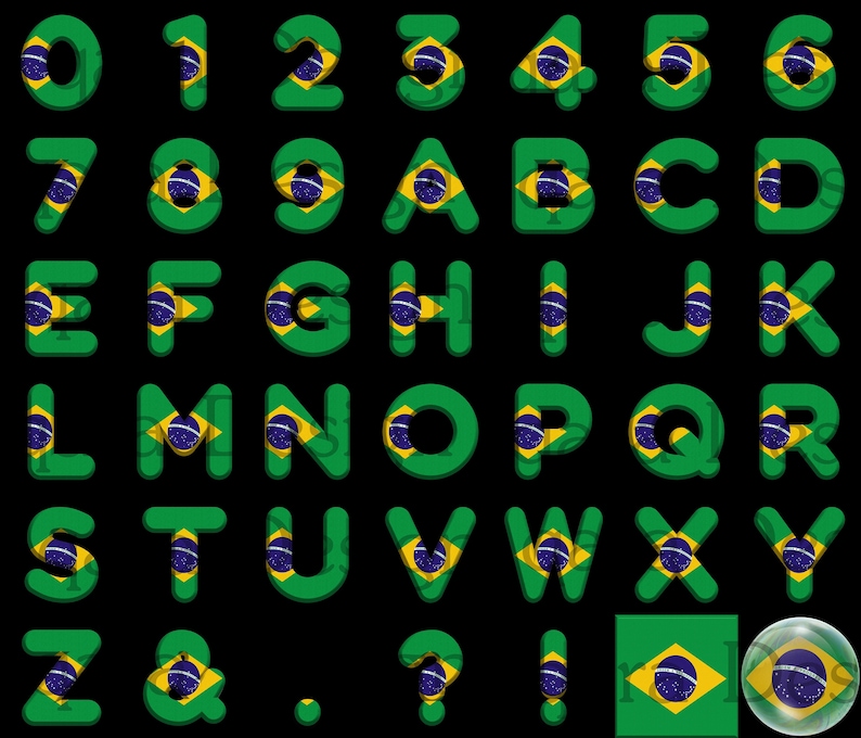 Brazilian Flag Alphabet Clipart: PNG Letters, Numbers, Punctuation ...
