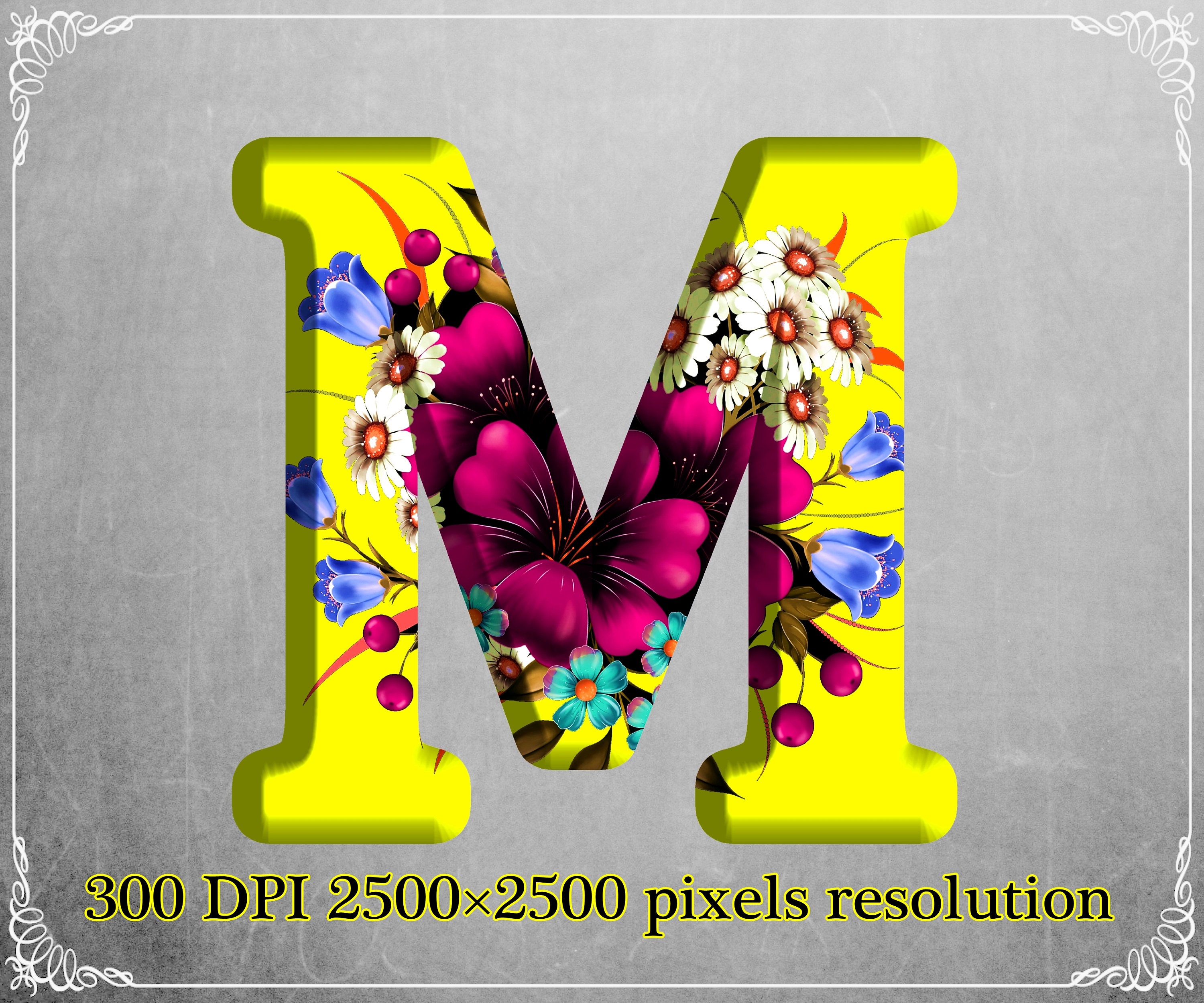 Floral Alphabet Clipart: Yellow Glitter Letters & Numbers (digital ...