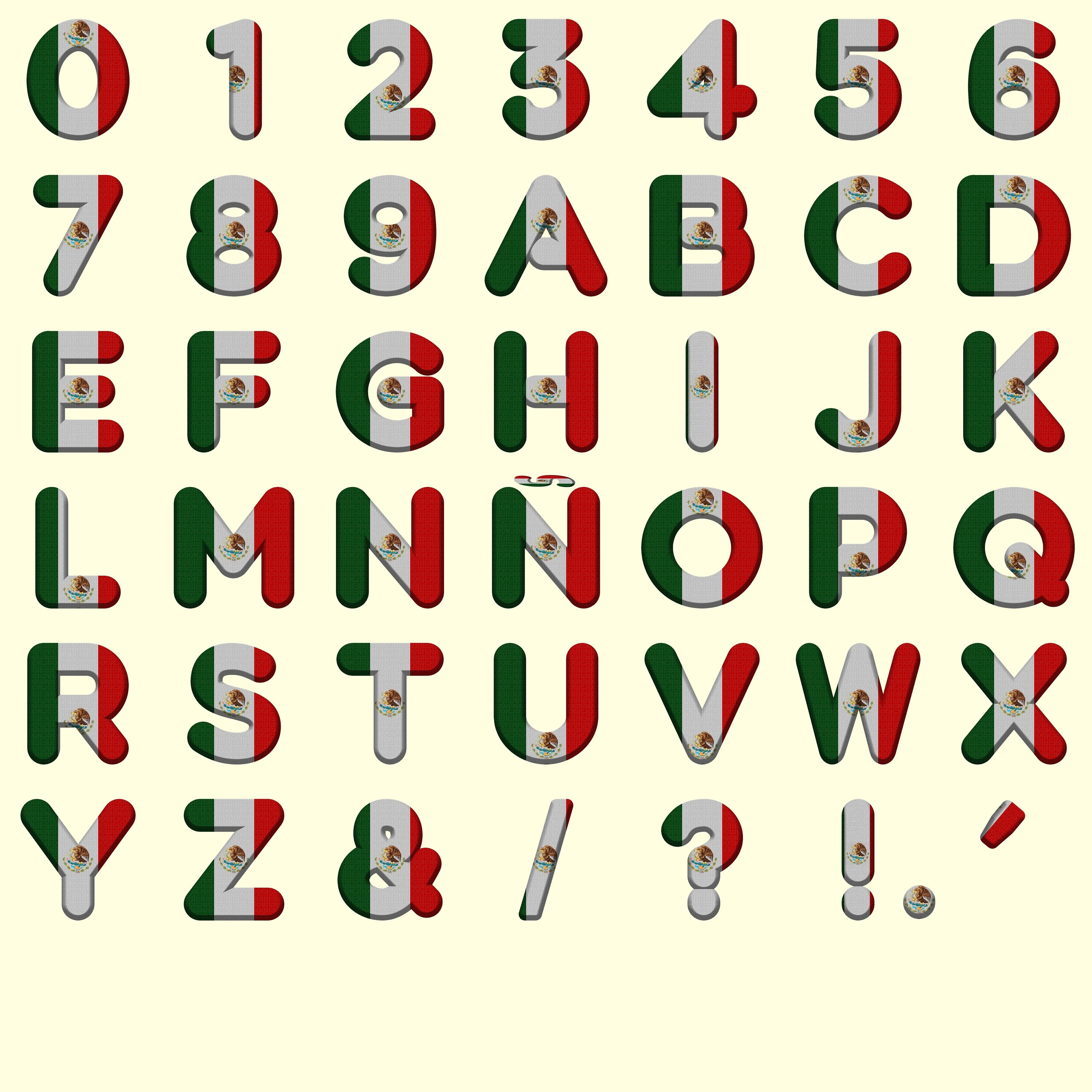 Fuente de la bandera de méxico, alfabeto mexicano, letras de números ...