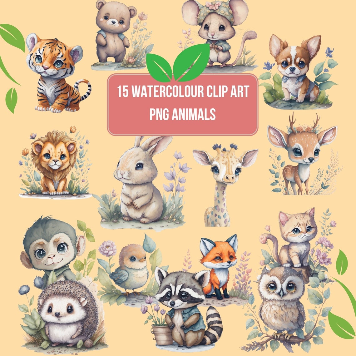 Watercolour Clip Art Animals , 15 PNG Files , Printable , Digital ...