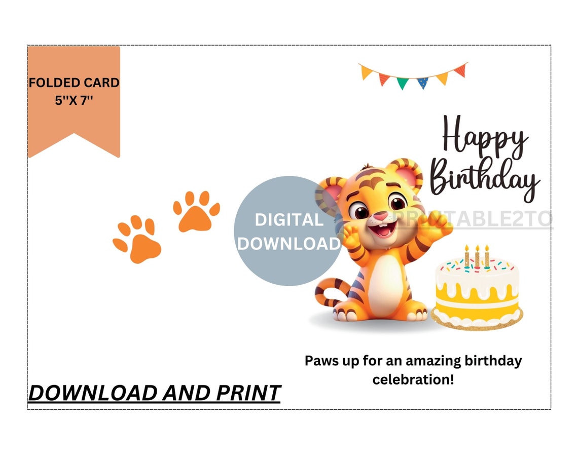 Printable Greeting Birthday Card , Tiger, Digital Greeting Card ...