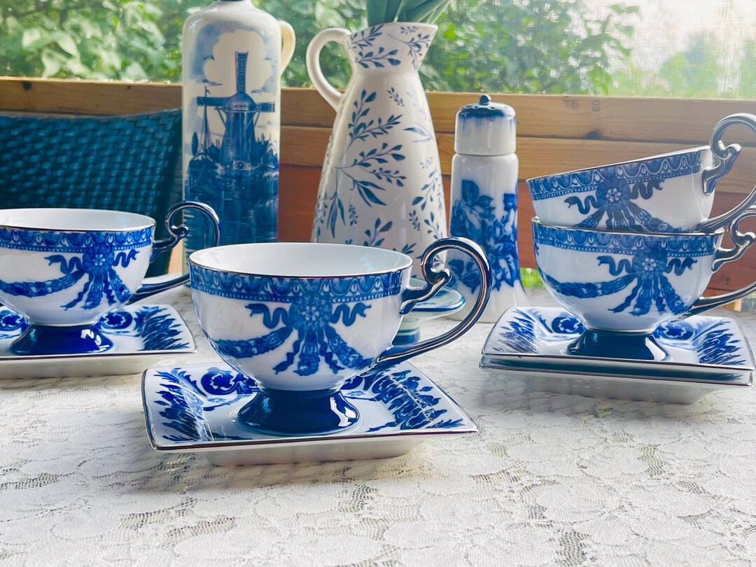 Vintage Bombay Chinoiserie Cobalt Blue Oversized Coffee / Tea Cup With Square Saucer. Beautiful ...