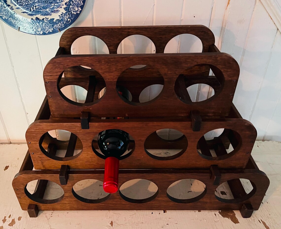 Mid Century Modern Wine Rack, 3 Tier, 12 Bottles. Dark Solid Wood ...