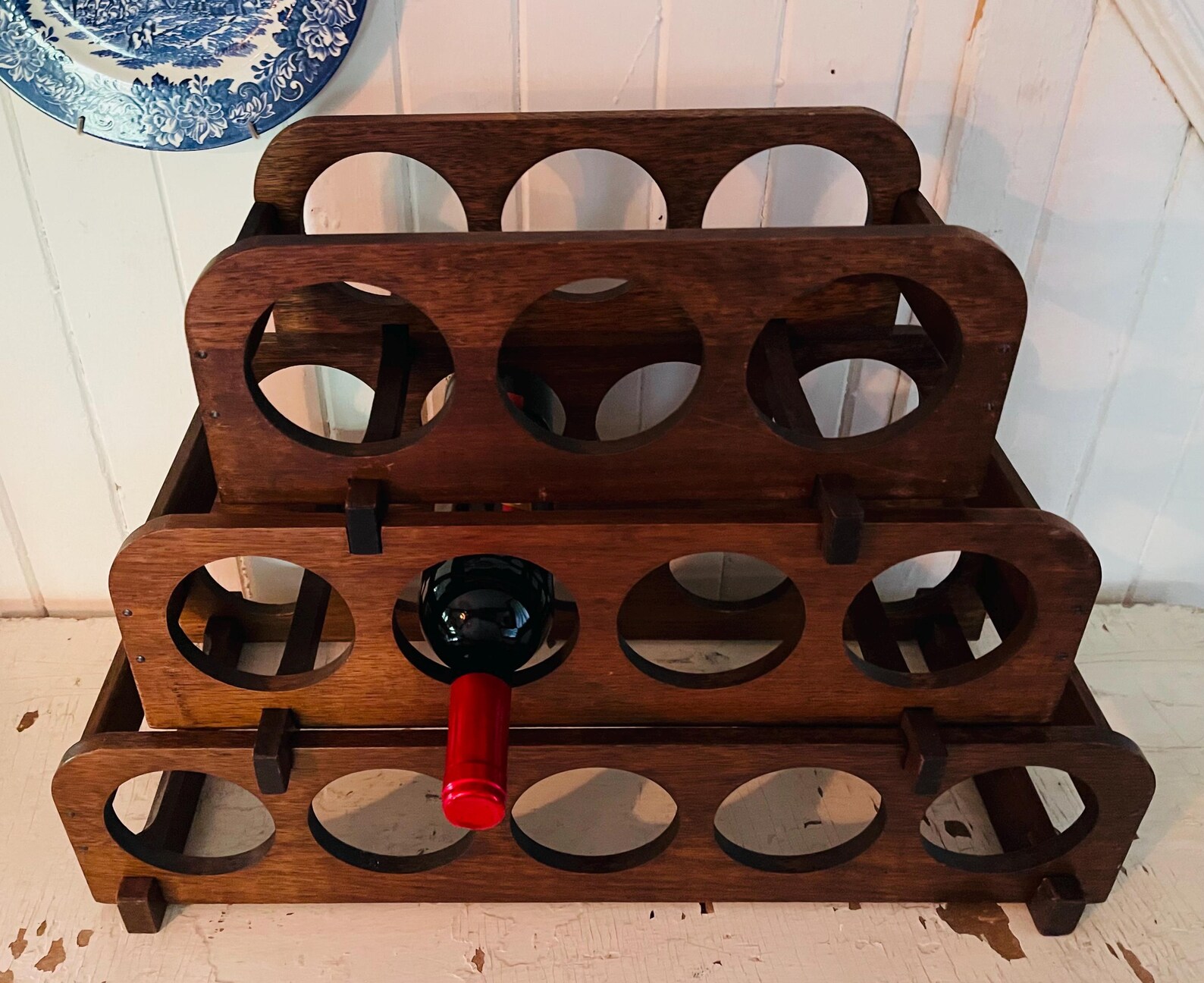 Mid Century Modern Wine Rack, 3 Tier, 12 Bottles. Dark Solid Wood ...