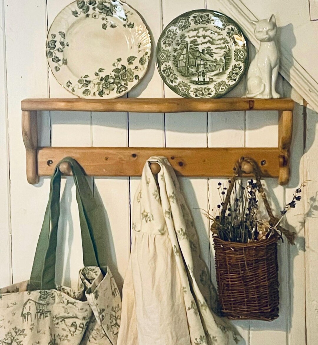 Vintage Wooden Peg Rack Shelf With Plate Groove – Cottagecore Wall ...