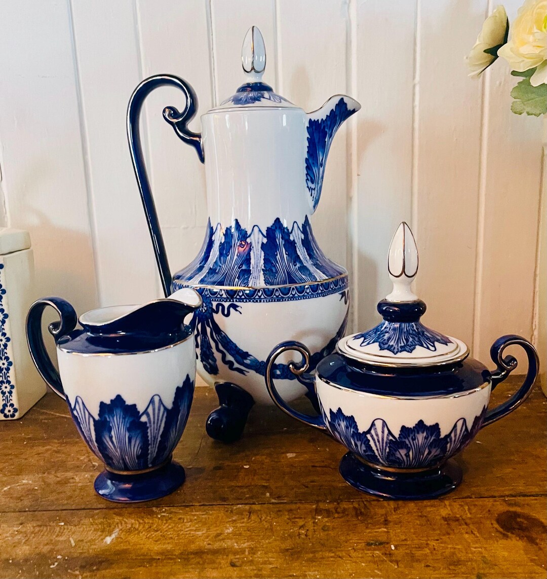 Vintage Bombay Chinoiserie Cobalt Blue Oversized Coffee / Teapot, Creamer, Lidded Sugar Bowl ...