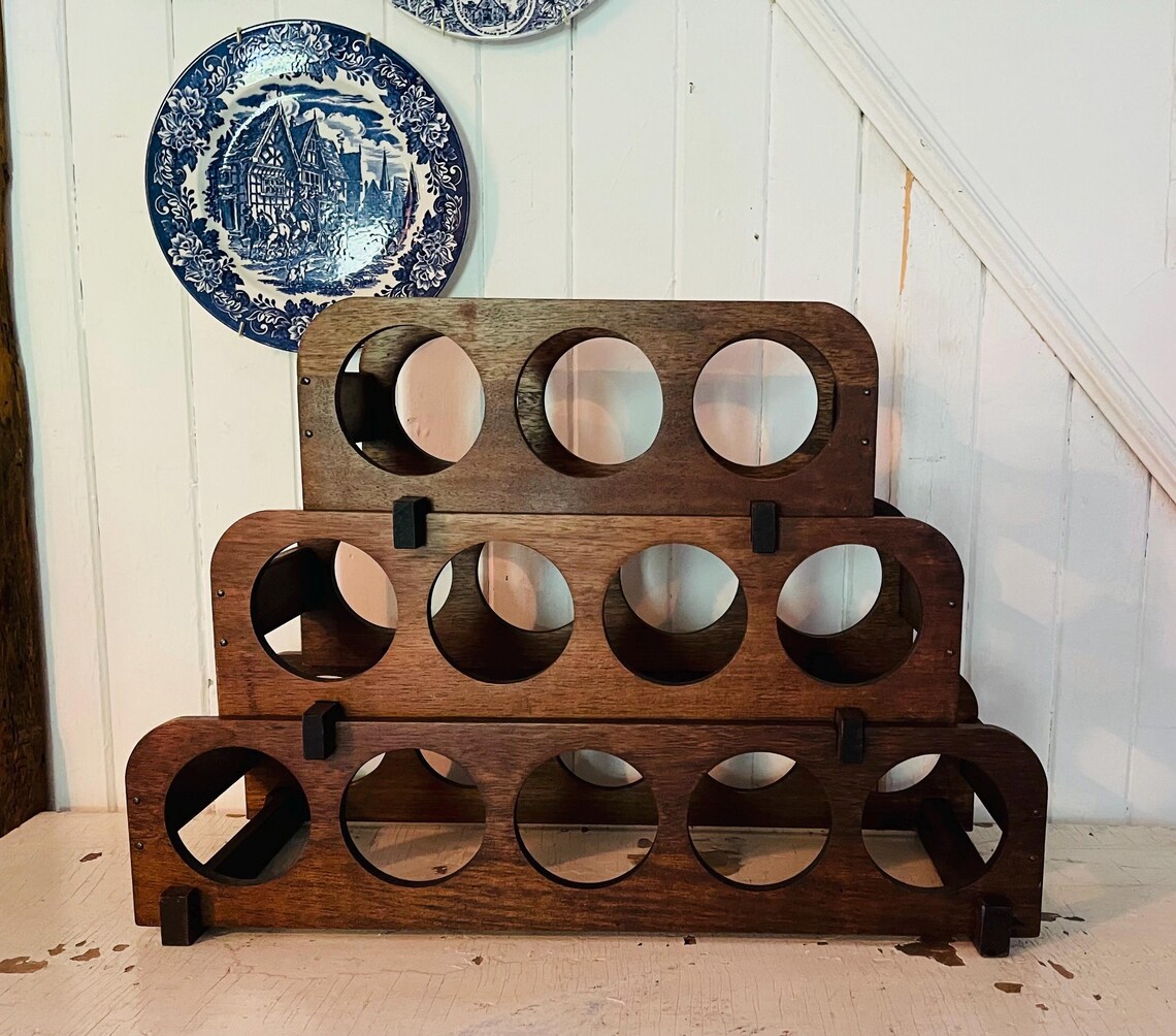 Mid Century Modern Wine Rack, 3 Tier, 12 Bottles. Dark Solid Wood ...