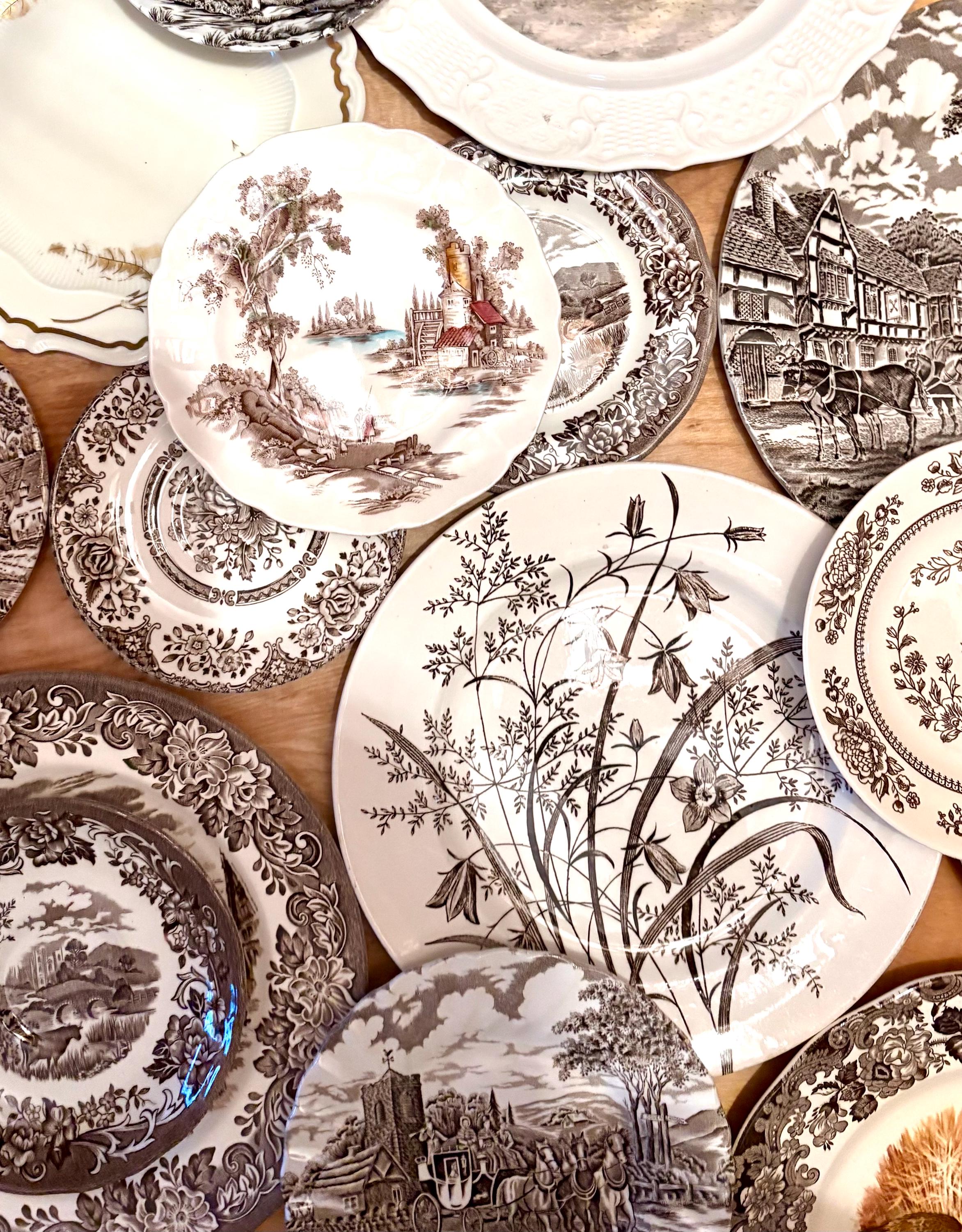Vintage Sepia Transferware Plate Set, Storybook Cottagecore Wall Decor ...