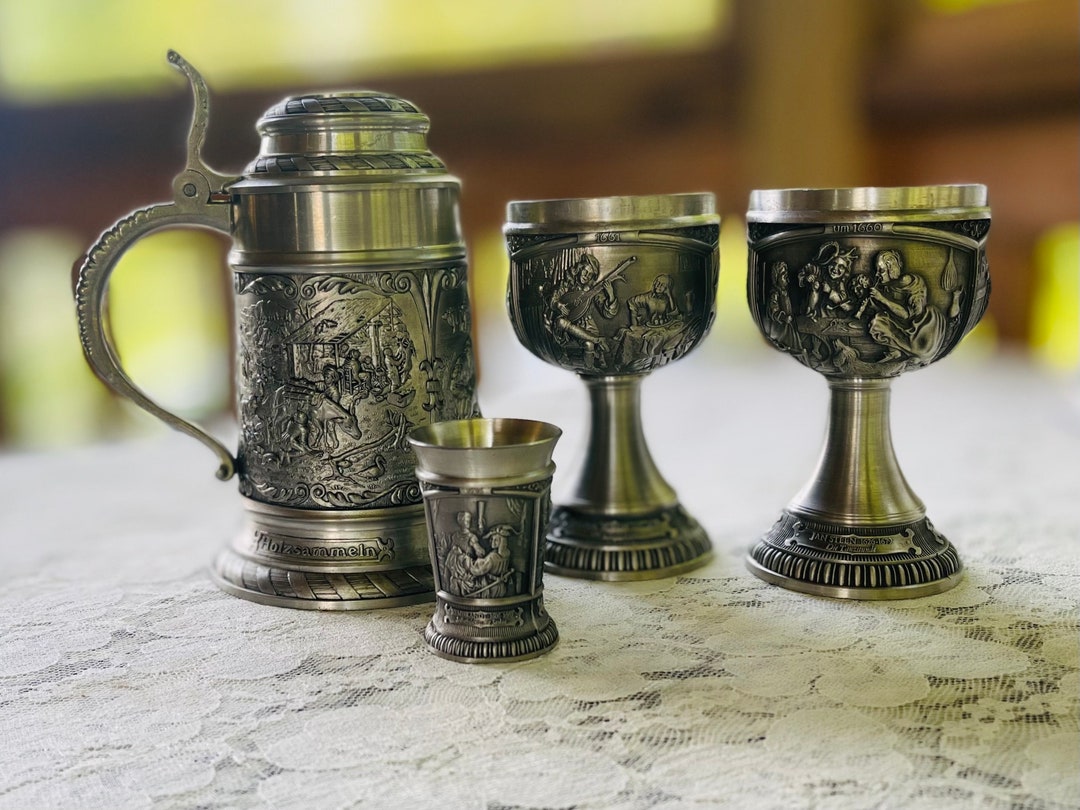 Vintage Medieval Drinking Set: 2 Wine Cups, 1 Shot Glass and 1 Beer Mug ...