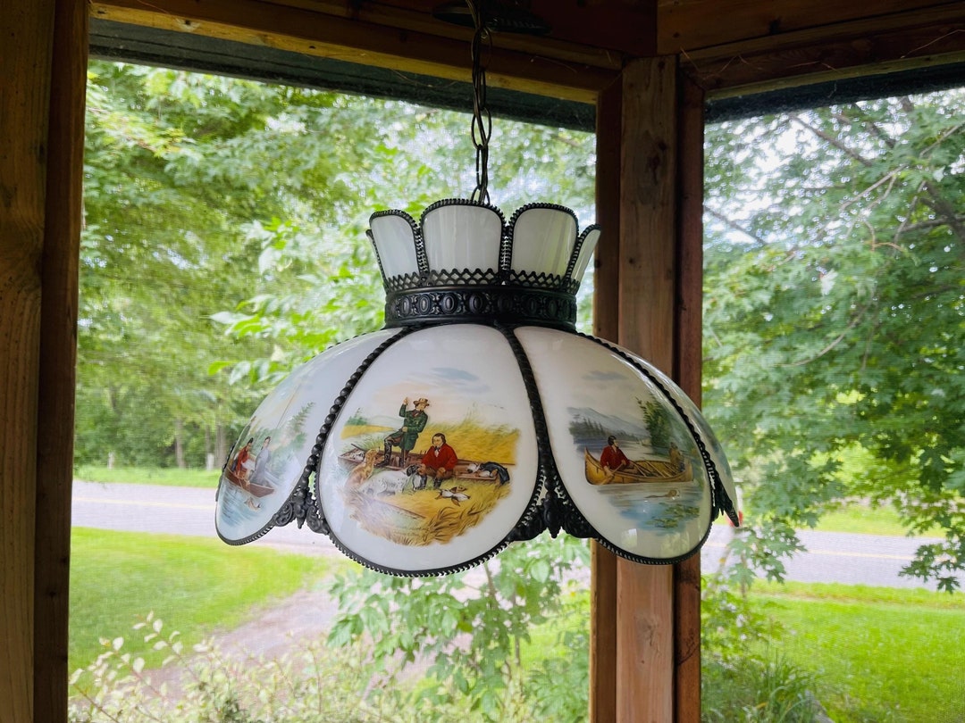 Vintage Large Signed Currier and Ives Pendant Light, Hunting and ...